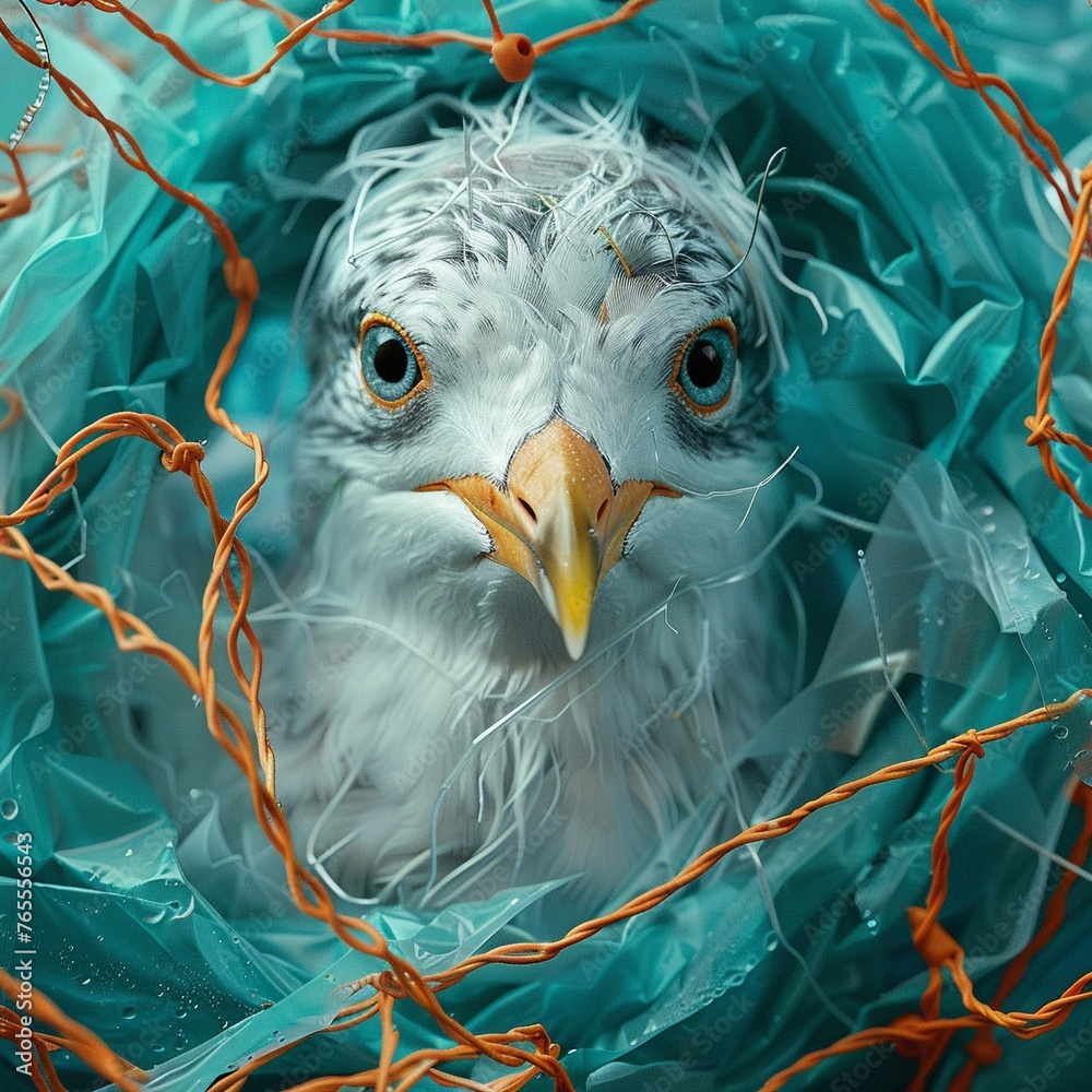 Capture a striking close-up image of a seabird tangled in plastic ...