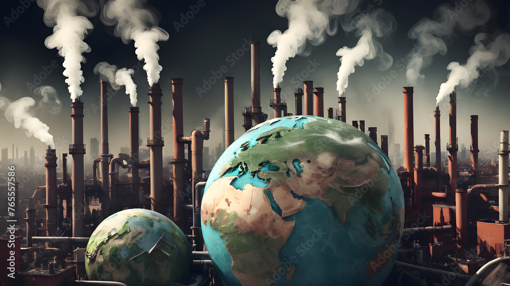 Globe, factory pipes, smoke and air pollution. Pollution of the ...