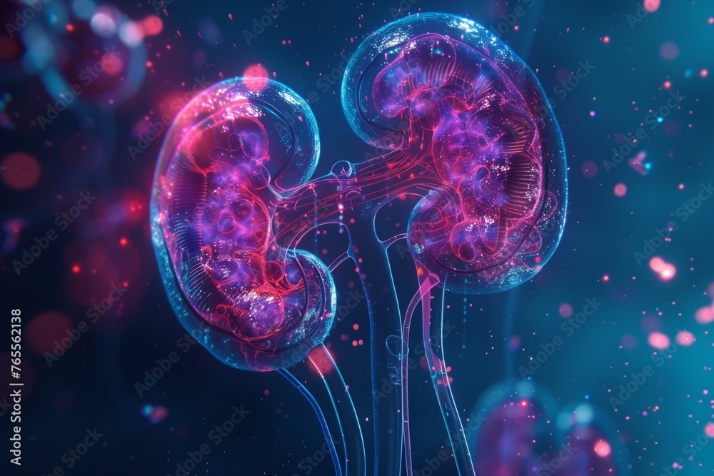 The complex structure of the renal system, enhanced by vibrant pink and ...