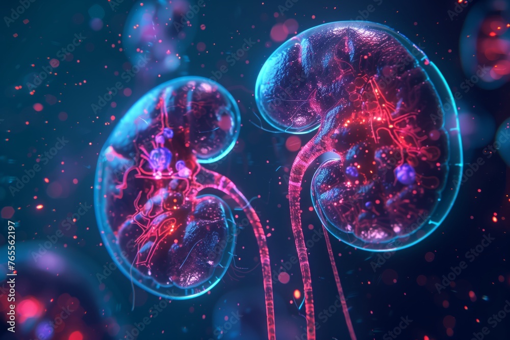 The complex structure of the renal system, enhanced by vibrant pink and ...