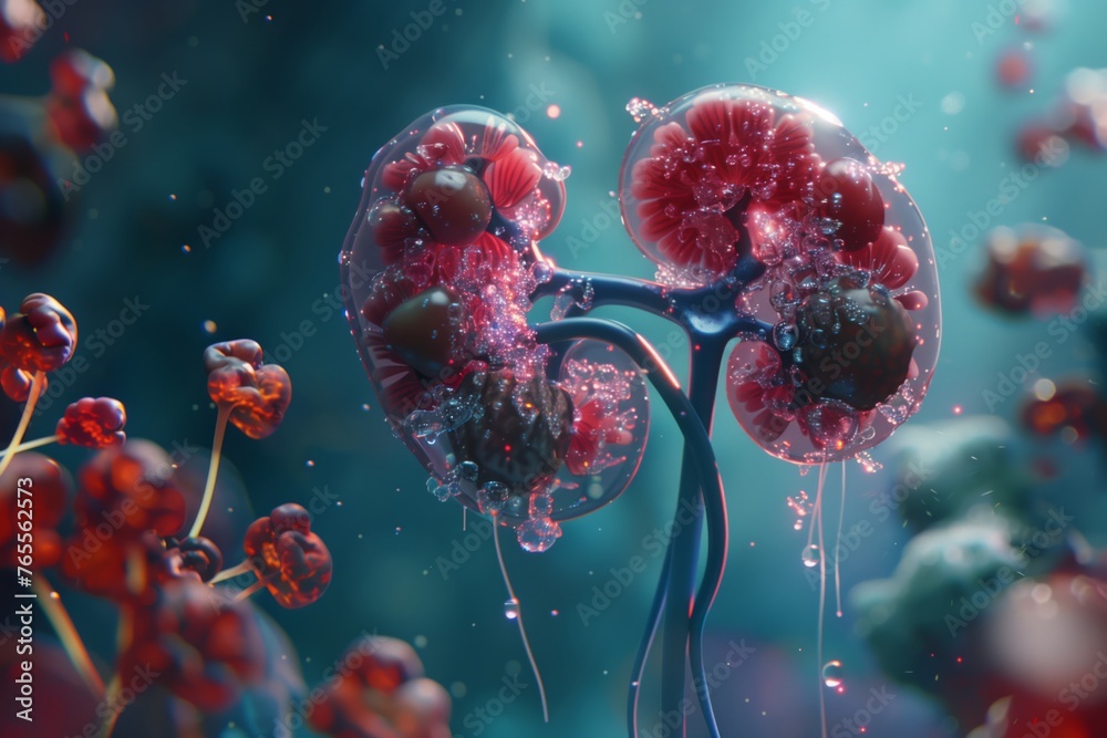 The complex structure of the renal system, enhanced by vibrant pink and ...
