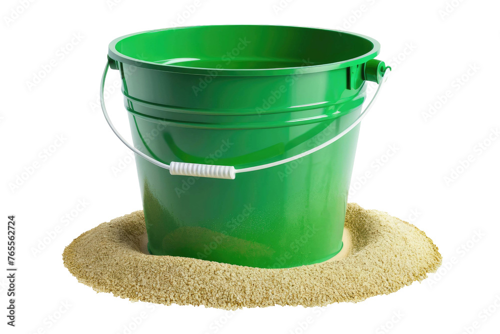 Single green beach bucket with sand, cast shadow, placed center, high ...