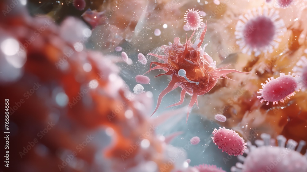 Portraying various pathogens including viruses and bacteria, suspended ...