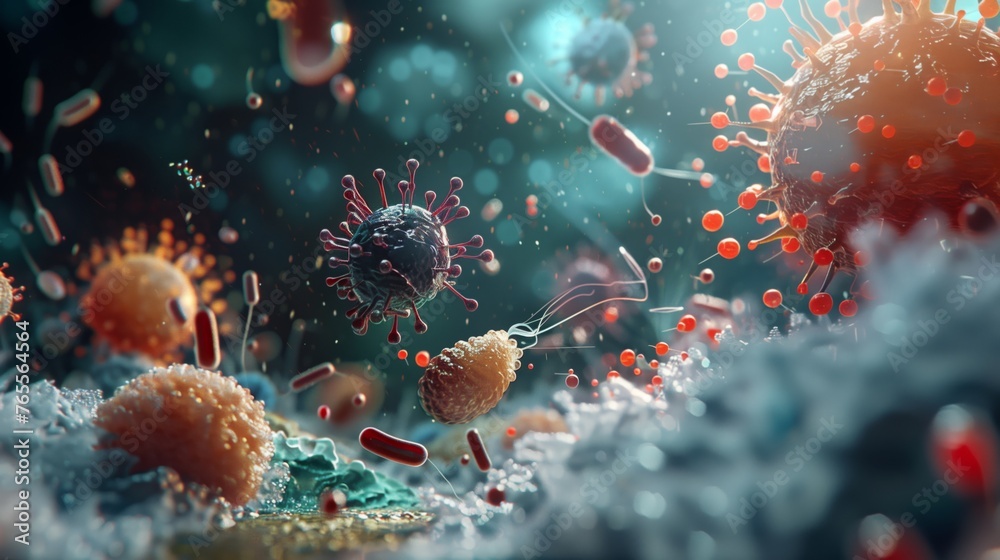 Portraying various pathogens including viruses and bacteria, suspended ...