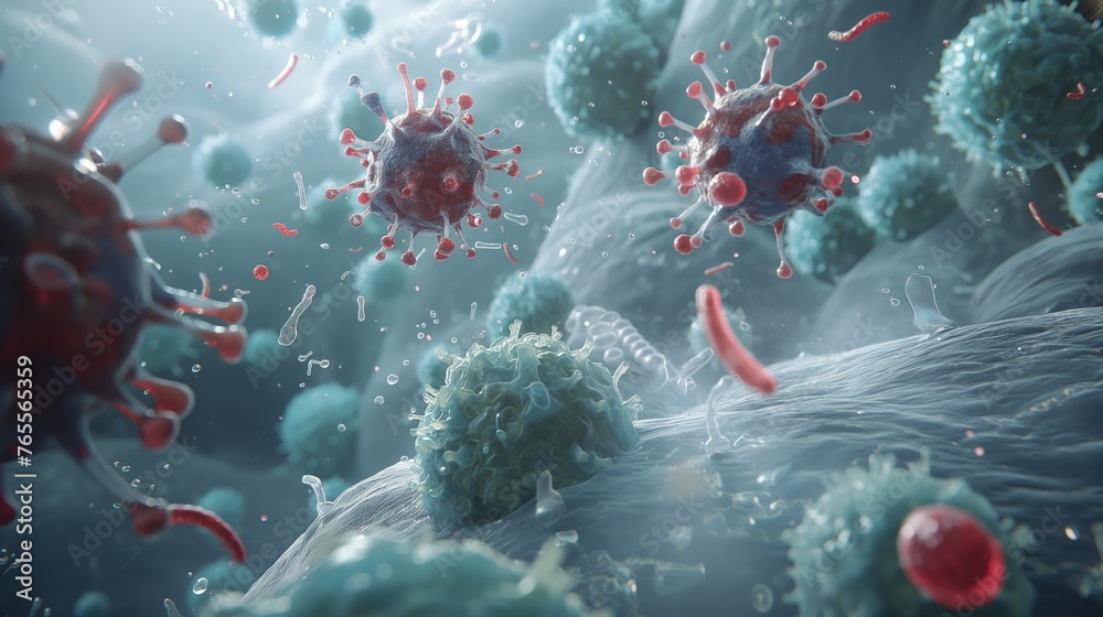 Portraying various pathogens including viruses and bacteria, suspended ...