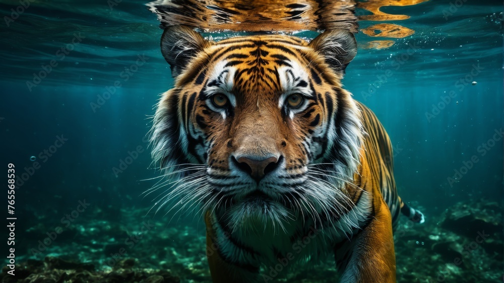 A stunning image captures a tiger submerged in water, illuminated by a ...