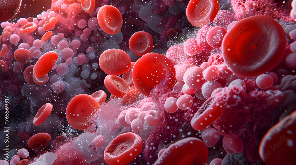 Red blood cells flowing through a vein, with a focus on the detailed ...