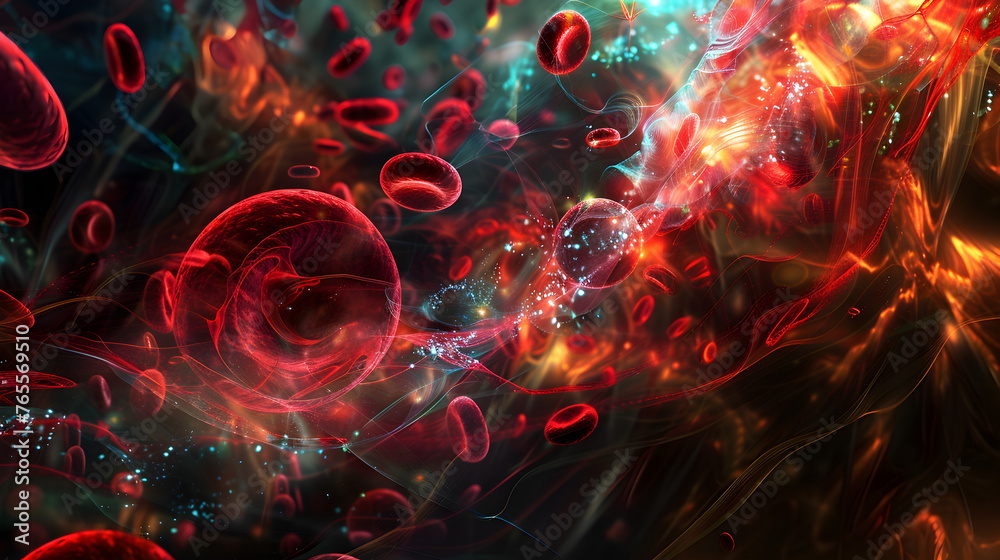 Rendition of red blood cells in a dynamic, swirling motion, against a ...
