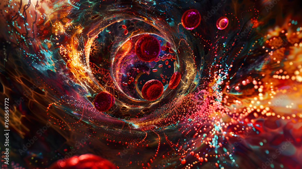 Rendition of red blood cells in a dynamic, swirling motion, against a ...
