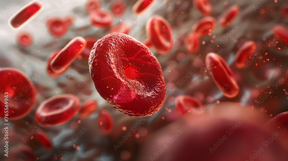 Red blood cells flowing through a vein, with a focus on the detailed ...