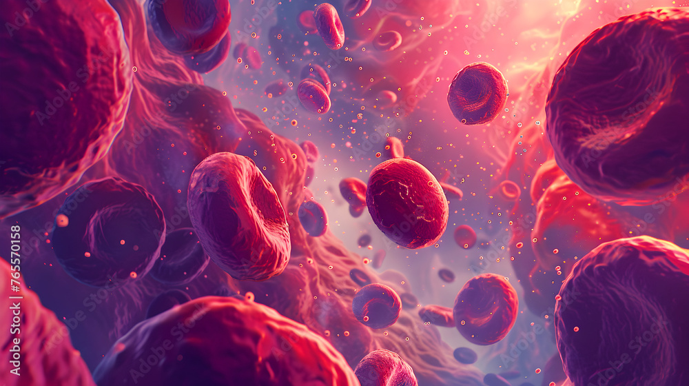 Red blood cells flowing through a vein, with a focus on the detailed ...