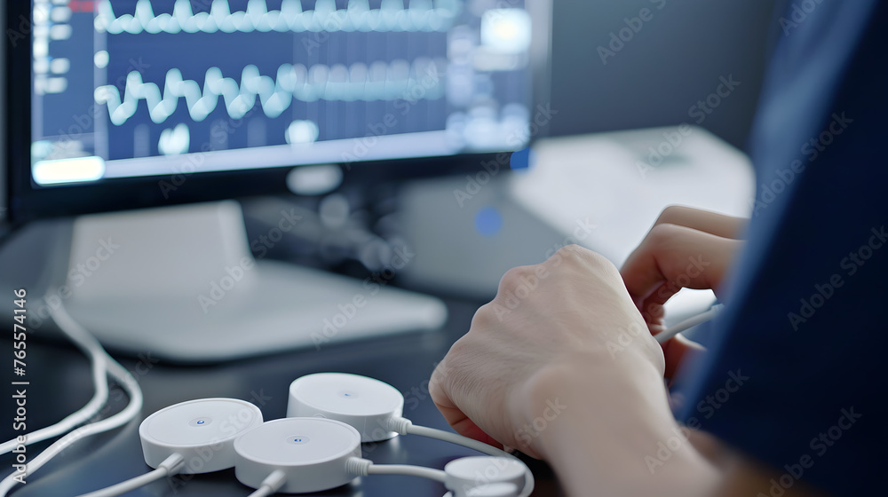 Healthcare professional reviewing the data from a heart monitor device ...