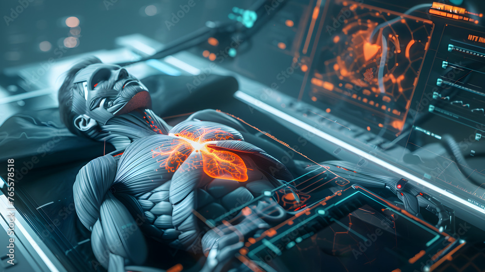 Futuristic heart health monitoring device attached to a patient, with a ...