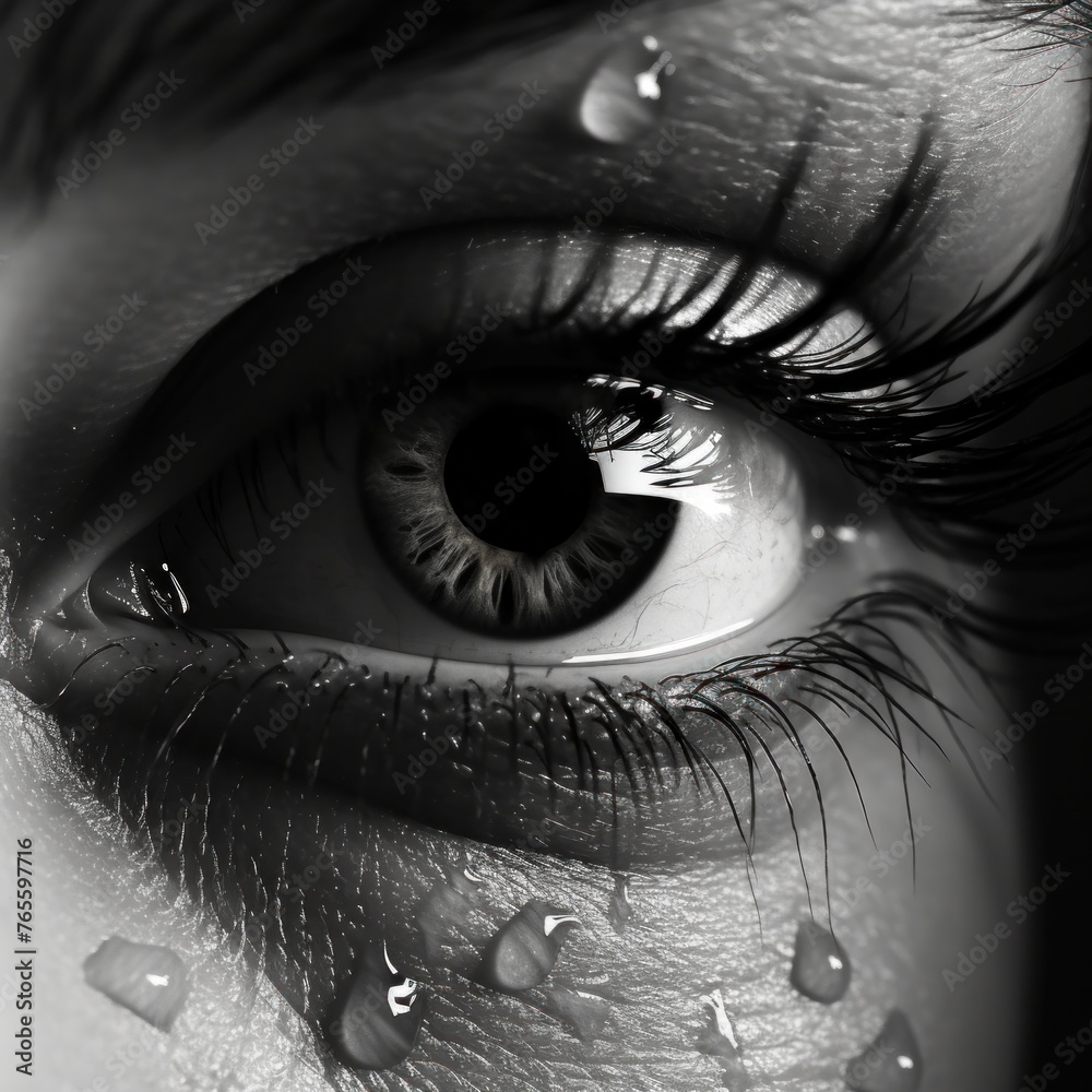 Tears on eyes, open eyes, expressive look with teardrops on eyelashes ...