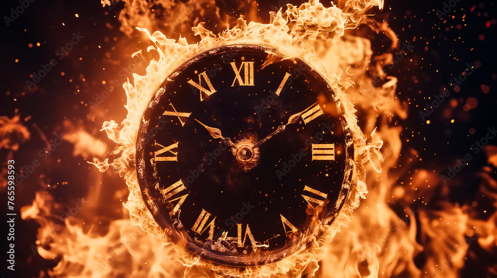 burning clock on fire roman numericals time numbers on flames ...