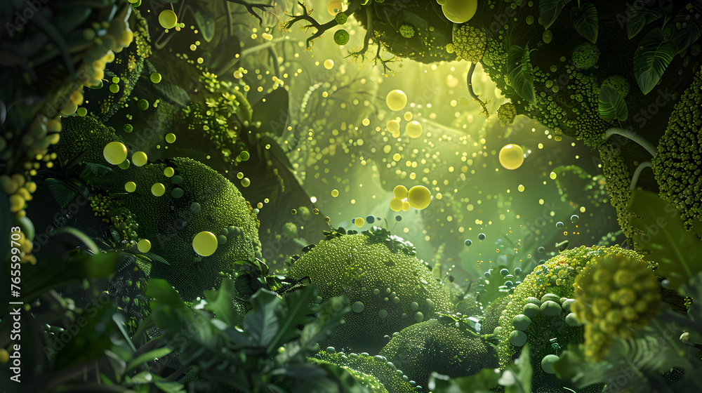 Ecosystem of a tropical rainforest at the microscopic level, showcasing ...