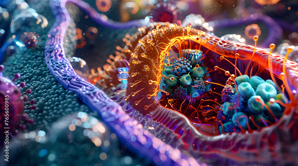 A bustling cellular metropolis, showing a cross-section of a human cell ...