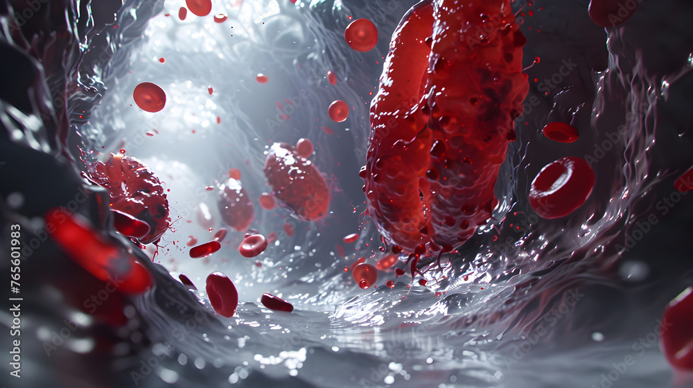 Immersive view inside a blood vessel, with red blood cells flowing in a ...