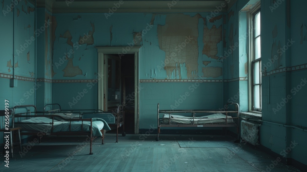 Abandoned room with old beds and peeling paint - A hauntingly empty ...