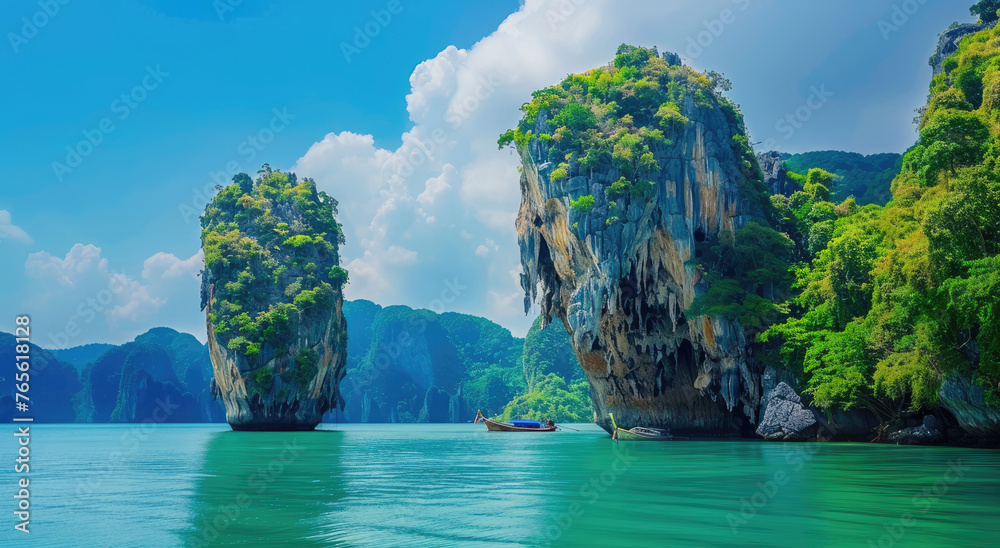 island in Phuket, Thailand with lush green mountains and turquoise ...