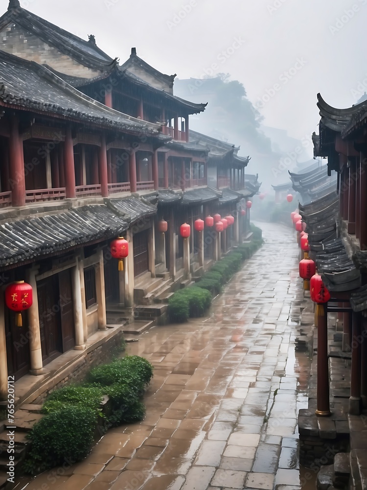Ancient Chinese street in rain with red lanterns and traditional ...