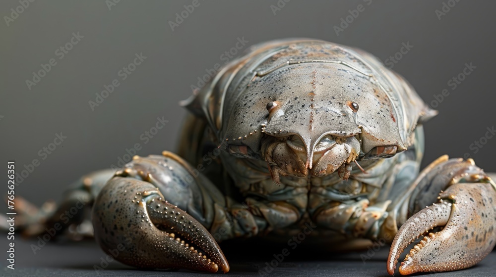 A close-up photo of a crab resting on a dark background Its mouth is ...