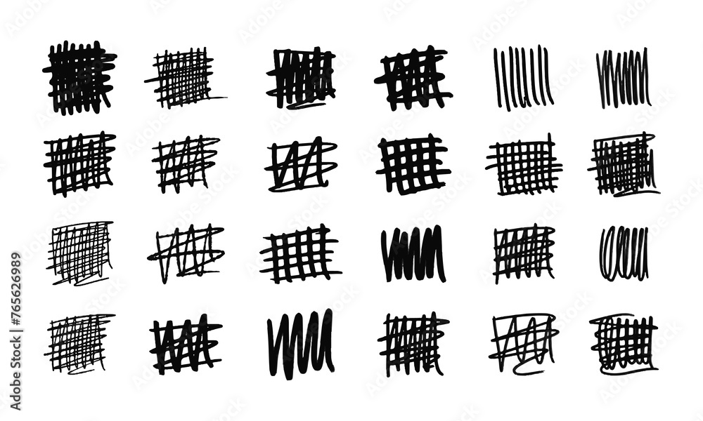 Square strikethroughs and scribbles. Collection of twenty-four randomly ...