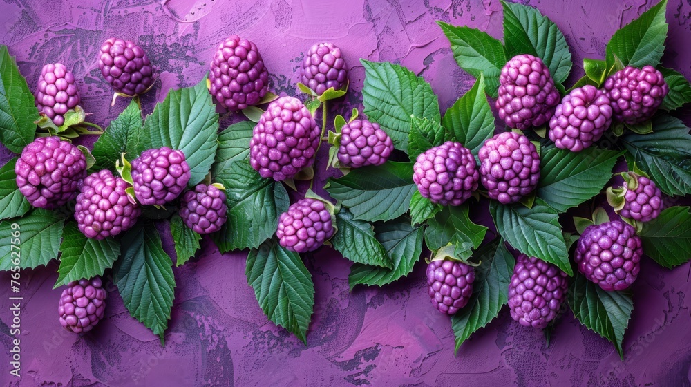 A bunch of purple raspberries with green leaves on a purple background ...