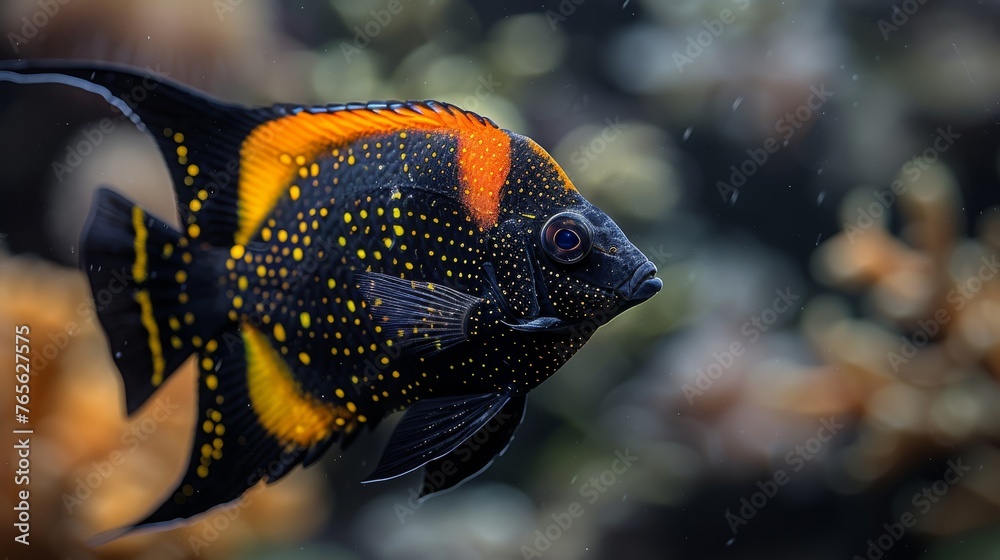 A black and yellow fish with yellow spots on its face is clearly ...