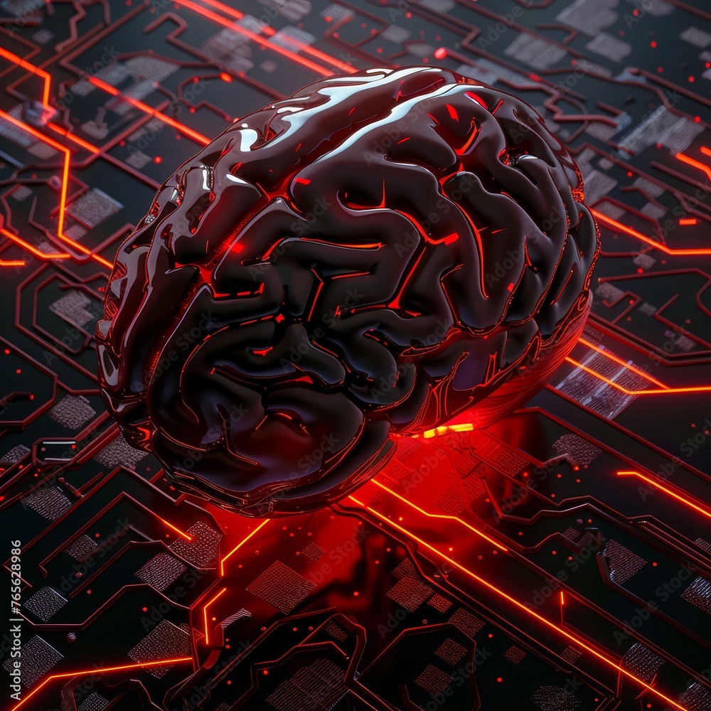3D hyper-realistic jagged brain, soft neon lighting, atop dark ...
