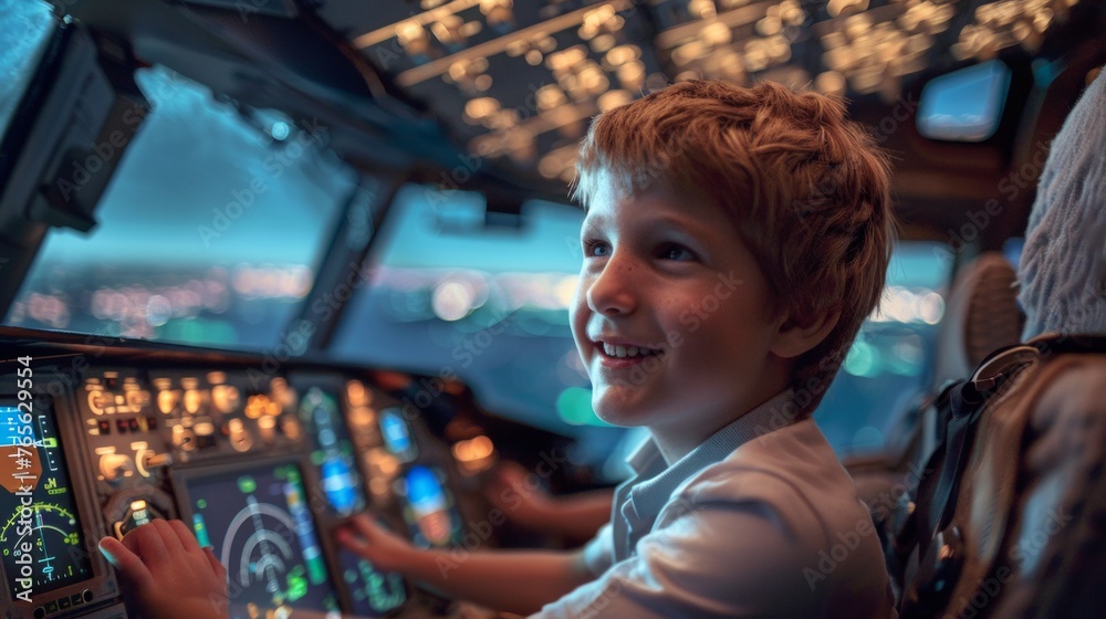 Little child pilot in airplane cockpit. flight simulator, entertainment ...