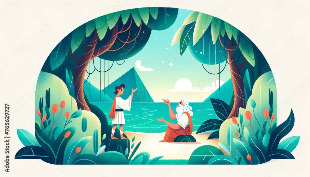 A whimsical, animated-style illustration of Telemachus encountering ...