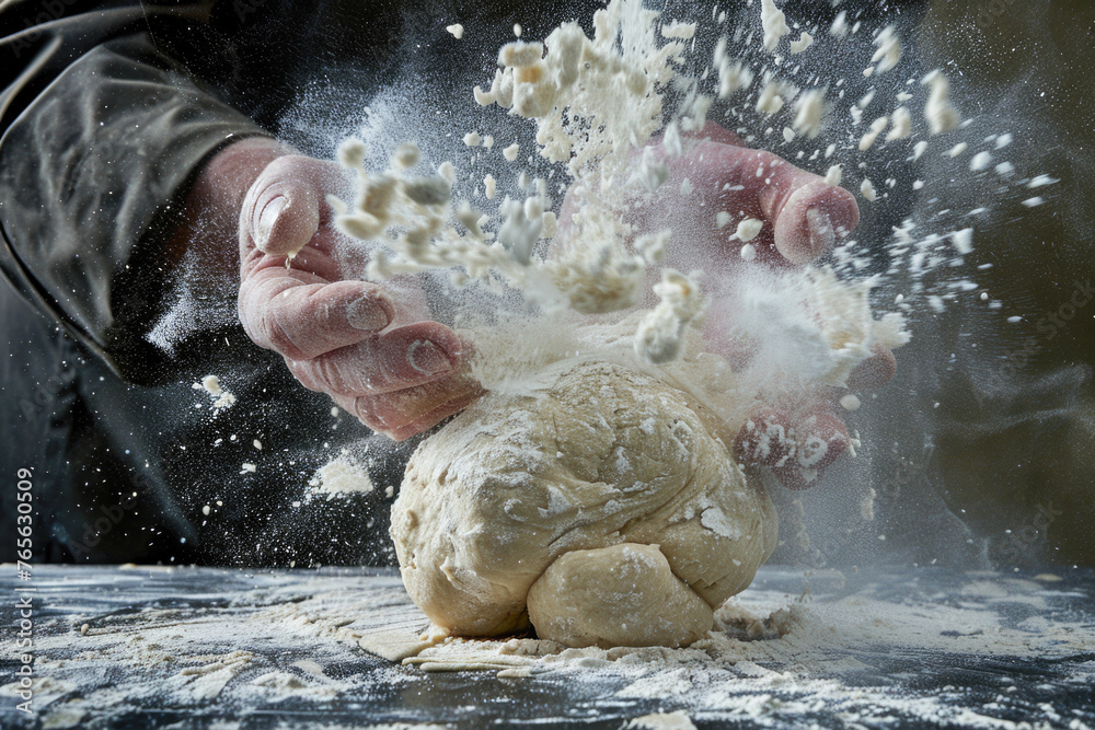 An action shot of hands clapping and creating a splash of flour, with a ...