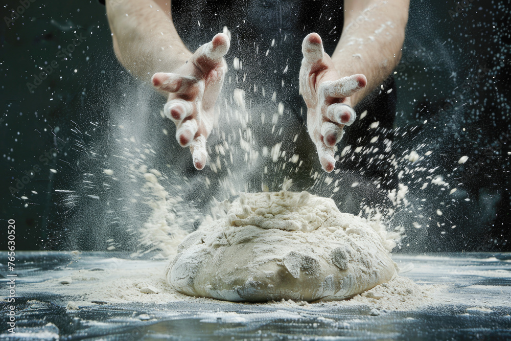 An action shot of hands clapping and creating a splash of flour, with a ...