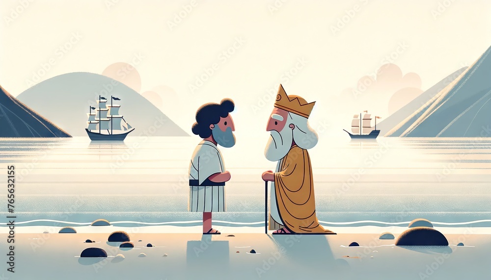 A whimsical, animated-style illustration depicting Telemachus and ...