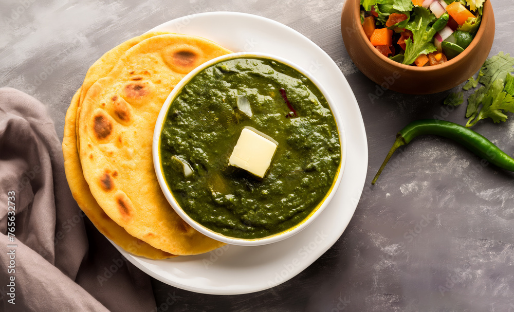 Makki ki Roti Sarson ka Saag, a famous Punjabi dish served on a metal ...