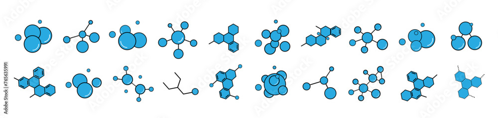 A set of molecular formulas, chemical compounds in blue on a white ...