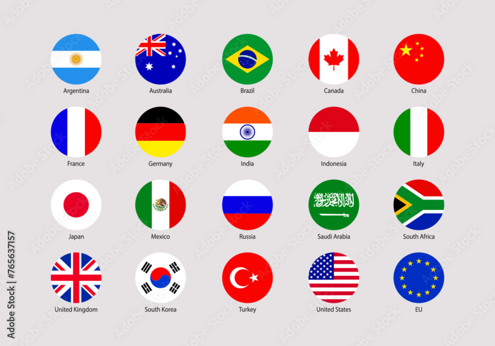The Group of Twenty flags rounded icons. G20 official signs with ...