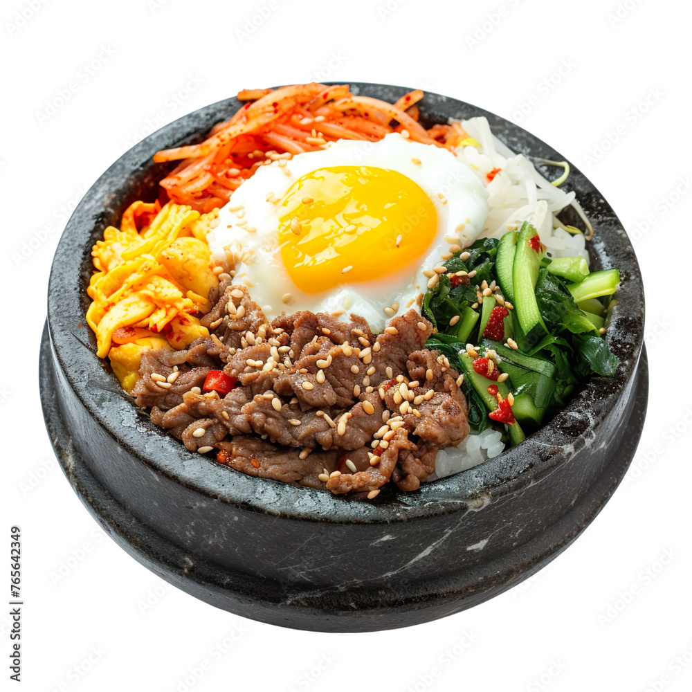 Front view of dolsot bibimbap with bibimbap served in a sizzling hot ...