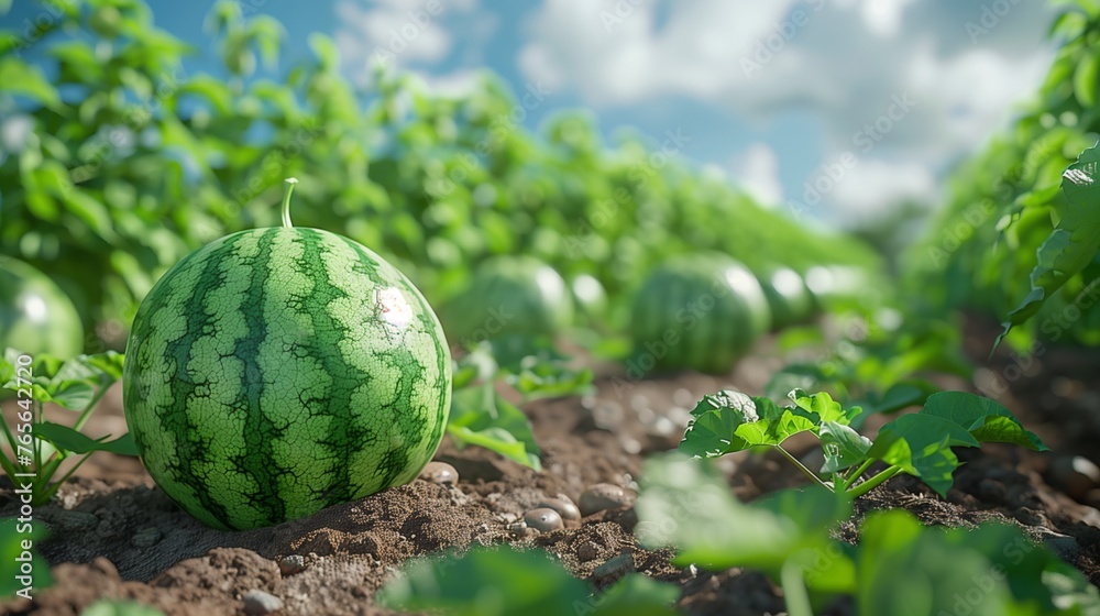 Watermelons on a summer watermelon plantation. A horizontal photo with ...