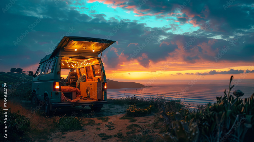 A 4x4 camper van parked on a cliff overlooking a breathtaking ocean ...