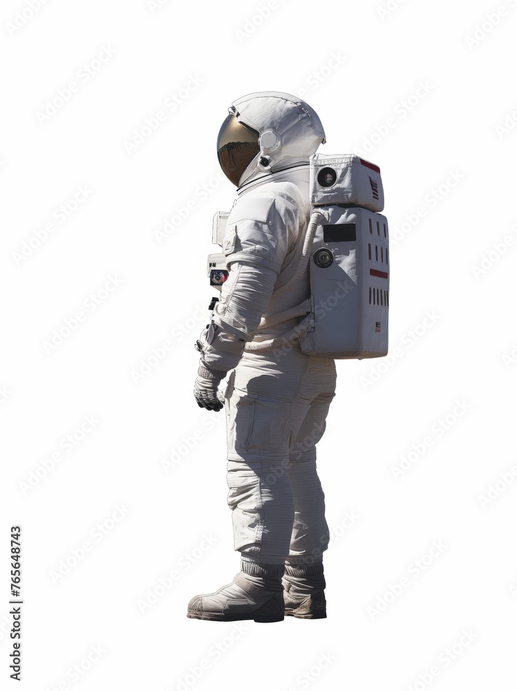 Side view of an astronaut in a full space suit isolated on a white background, signifying ...