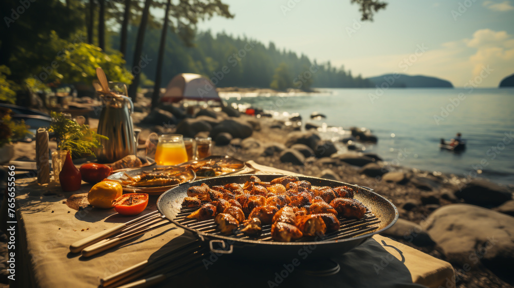 outdoor grilling Picnic with friends In the atmosphere of rivers and ...