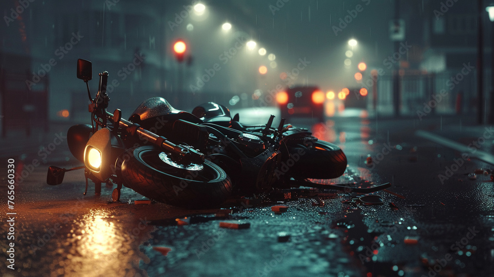 The eerie stillness after a traffic accident showcasing a motorcycle ...