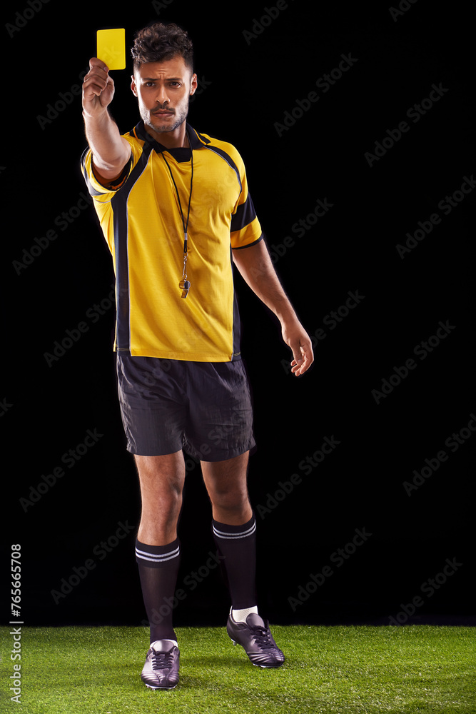 Portrait, referee or man with a yellow card for warning, foul call or ...