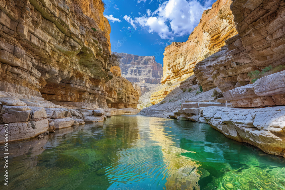A stunning view of the colorful canyons and turquoise waters in Al Hatt ...
