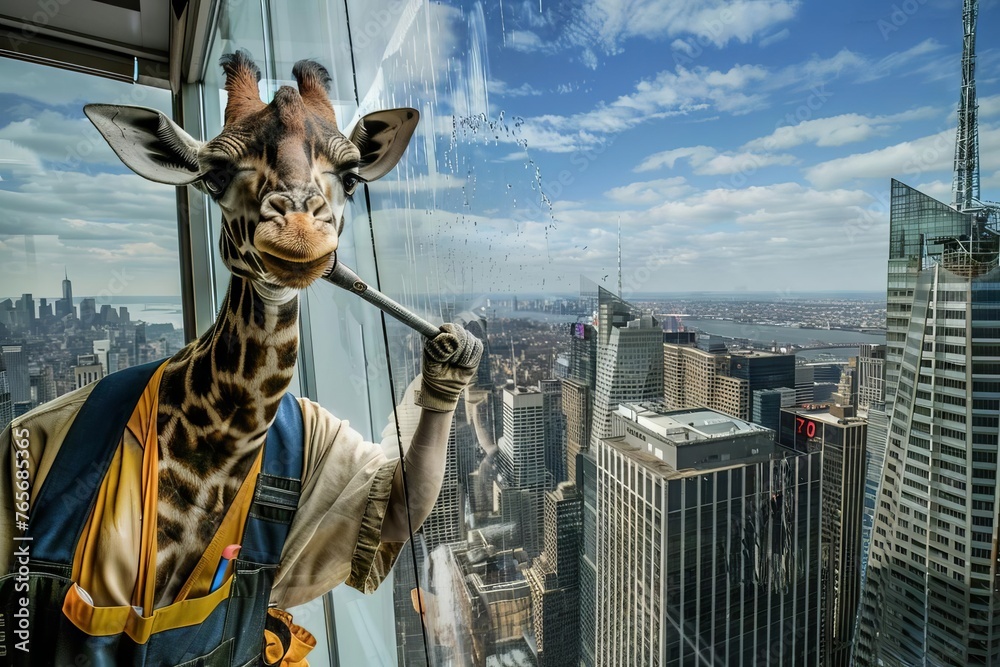 giraffe-headed man, dressed as a window washer, cleaning skyscraper ...