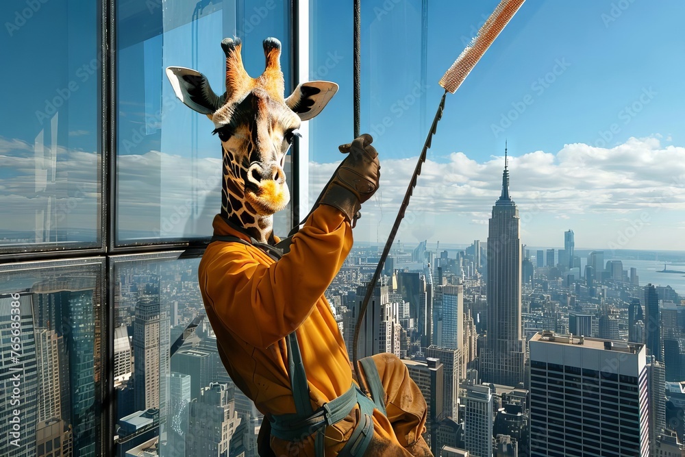 giraffe-headed man, dressed as a window washer, cleaning skyscraper ...