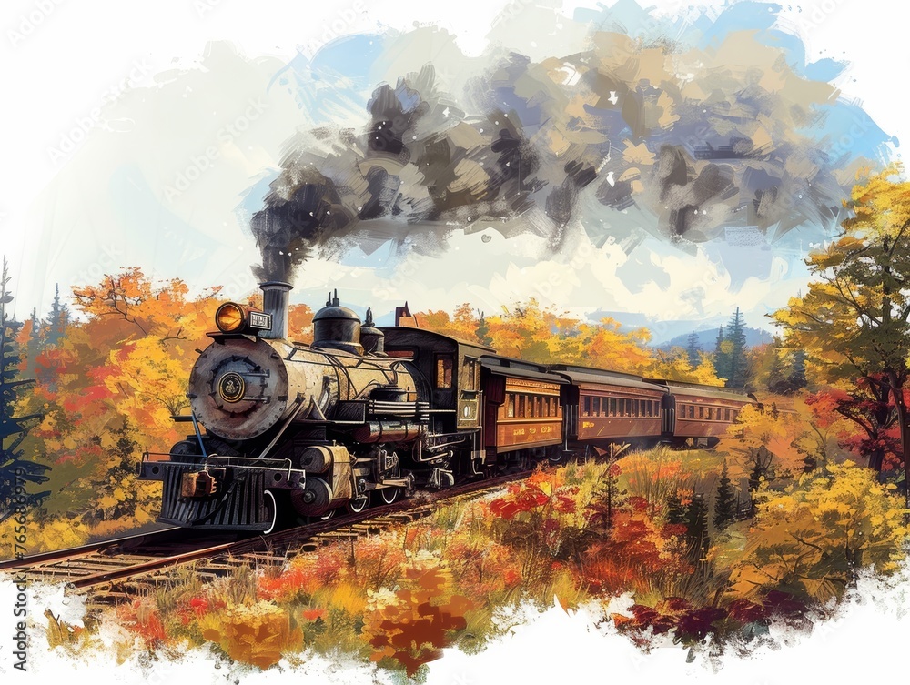 A train is traveling down the tracks with smoke coming out of the ...