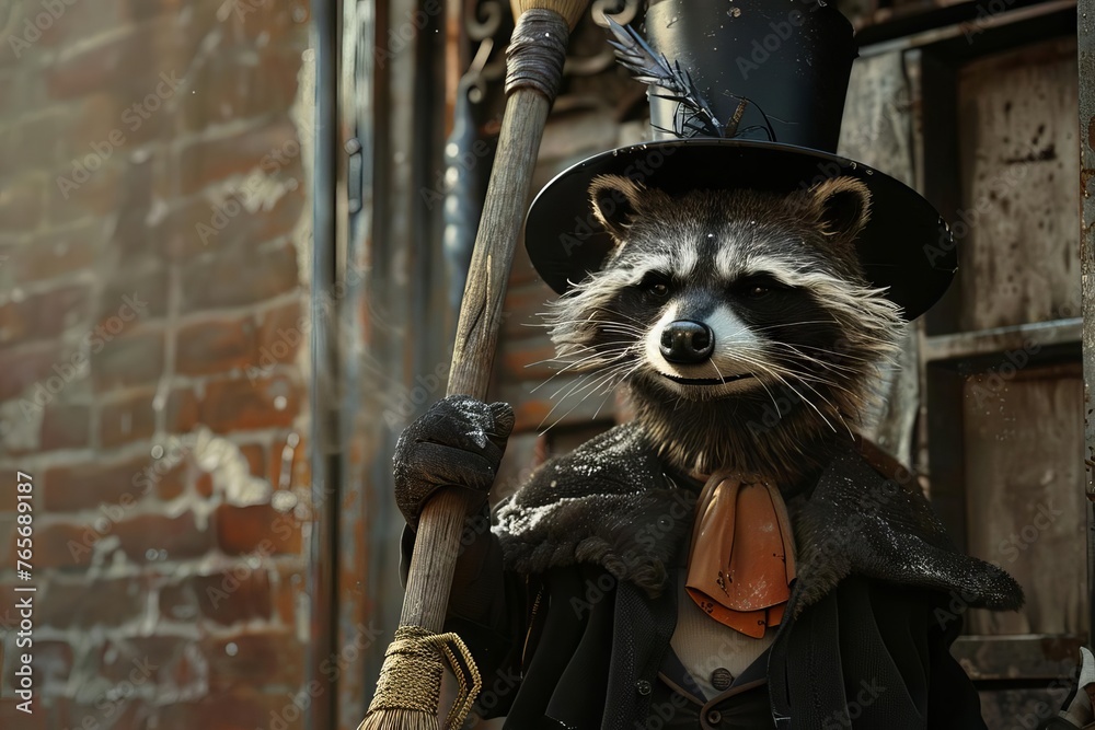 raccoon-headed man, dressed as a chimney sweep, holding a broom and top ...